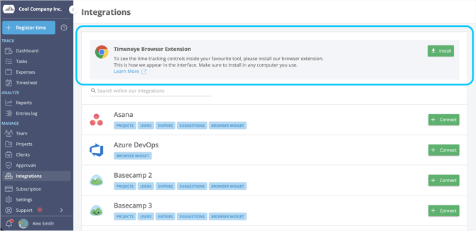 Timeneye Browser Widget & Integrations
